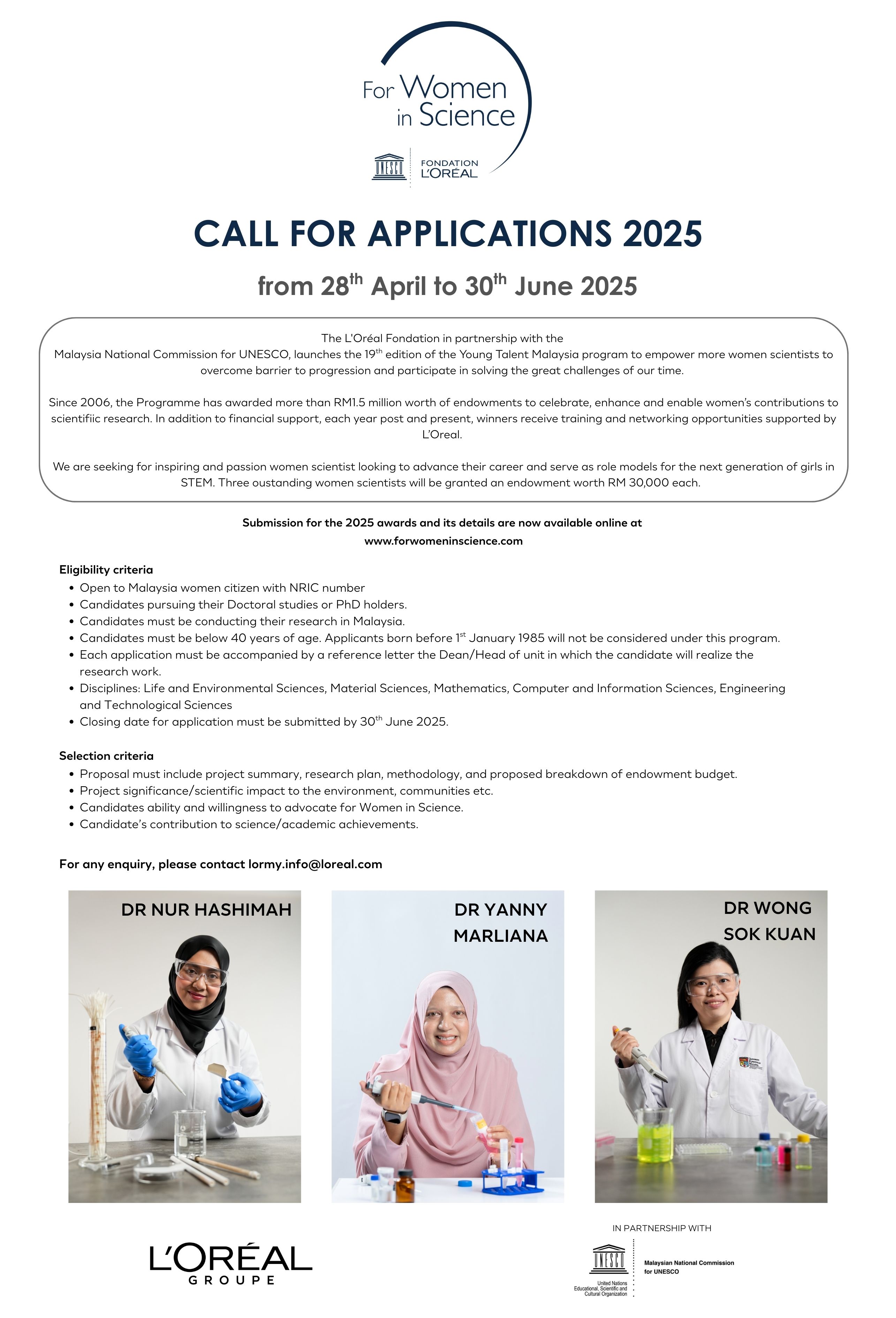 Malaysia - 2025 Call for application | For Women in Science